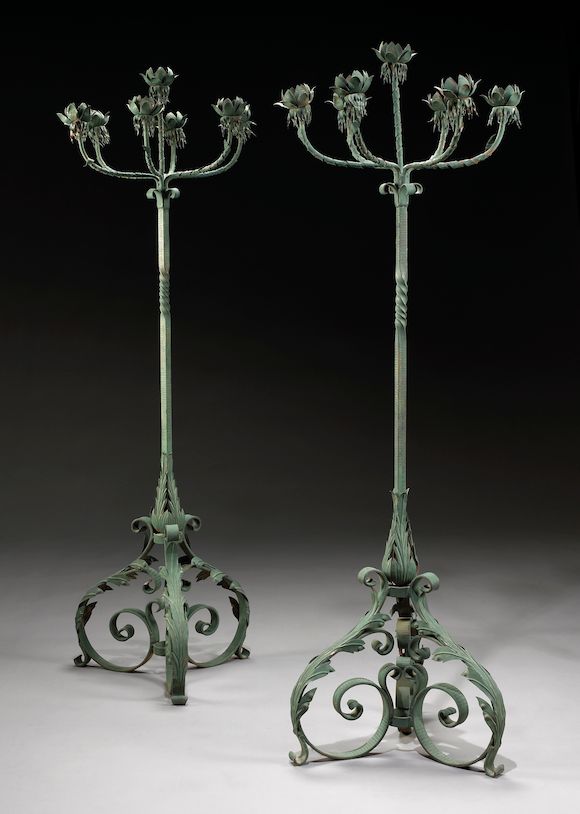Bonhams : A pair of Baroque style wrought iron and tole seven light ...
