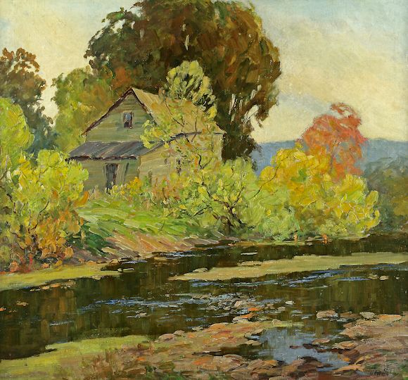 Bonhams : Jess Hobby (American, 1871-1938) House by a Pond 27 x 30in