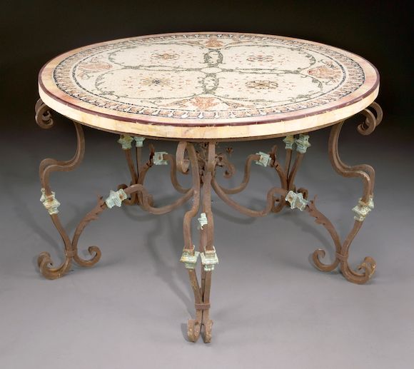 Bonhams : A Romanesque mosaic and wrought iron garden table