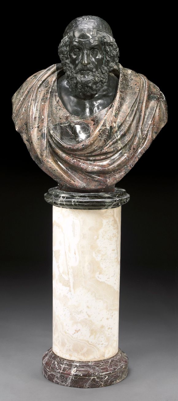 Bonhams : A patinated bronze and carved marble bust of Homer on marble ...