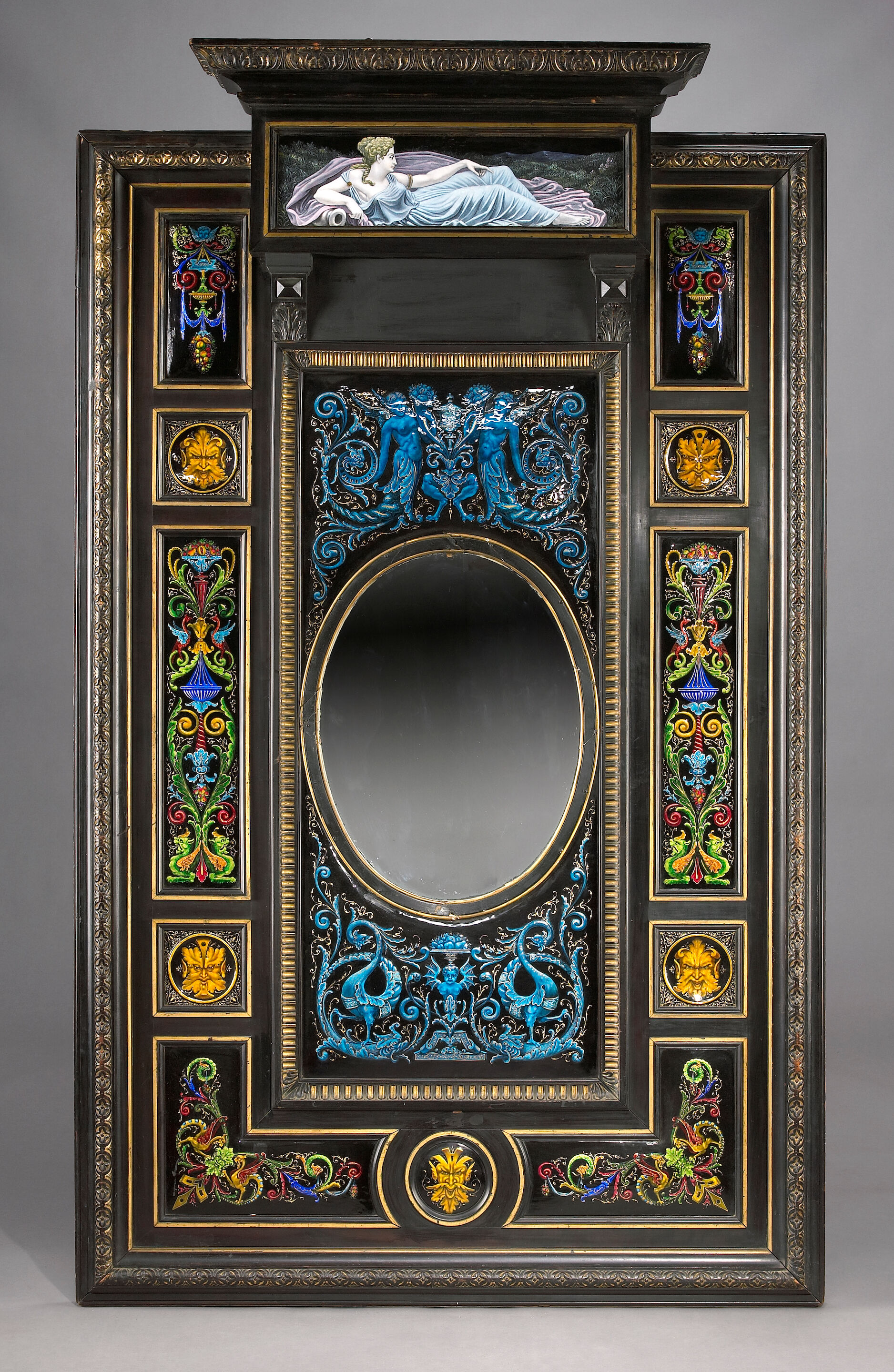 Bonhams : A large good quality Limoges enamel and parcel gilt ebonized mirror