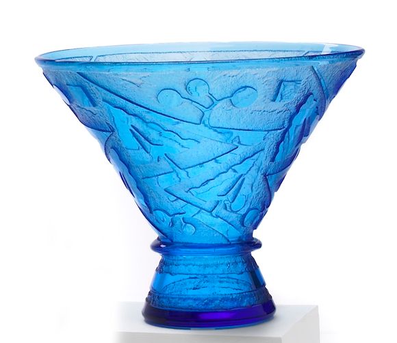 Bonhams : A Daum Nancy Art Deco acid-cut-back blue glass footed vase