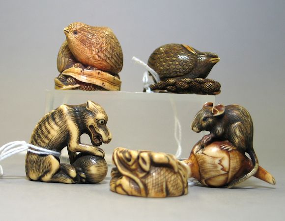 Bonhams : Five ivory animal netsuke 19th Century