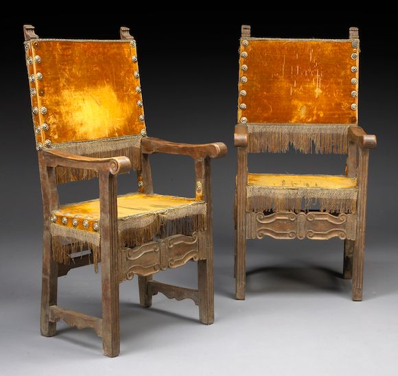 Bonhams : A pair of Spanish Baroque brass mounted walnut armchairs