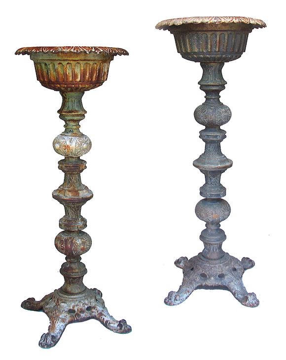 Bonhams : A pair of large cast iron jardinieres on stands
