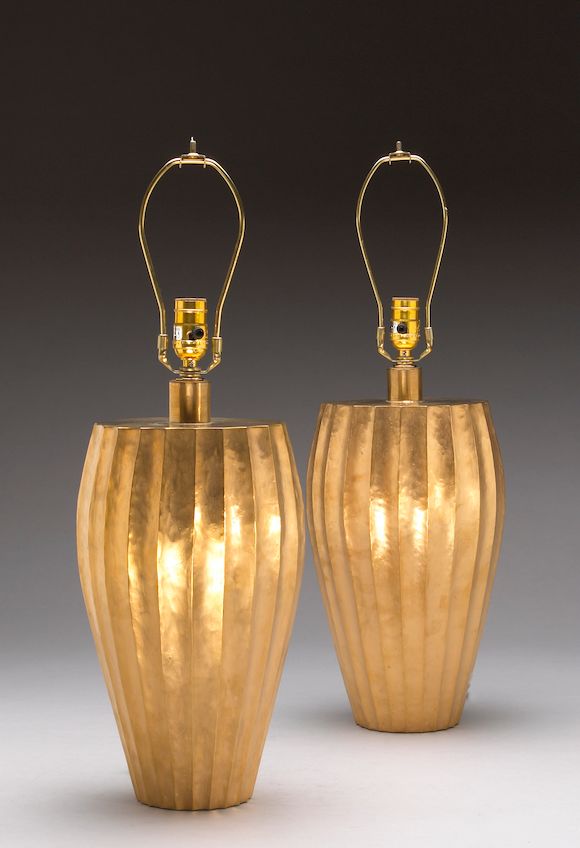 Bonhams : A pair of Robert Kuo gold plated fluted lamps