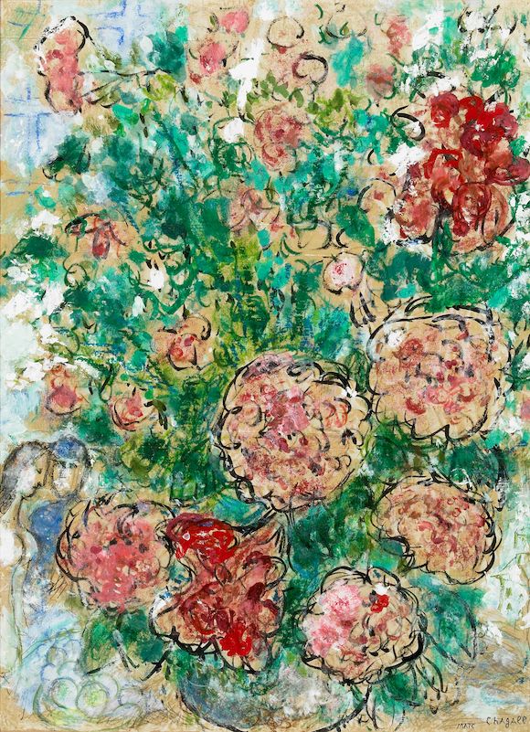 Bonhams : Marc Chagall (Russian/French, 1887-1985) Pivoines et couple, c. 1970 24 5/8 x 18 1/4in ...