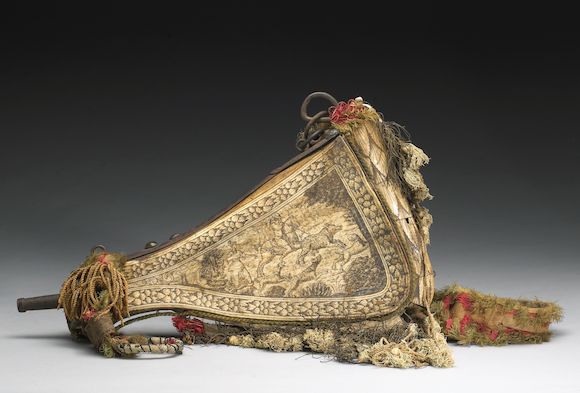 Bonhams : A large incised bone powder flask in 17th century style