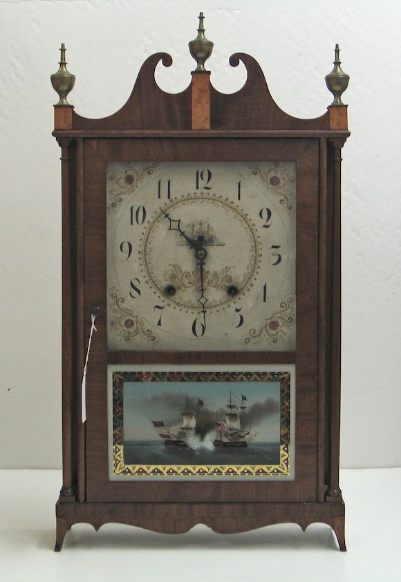 Bonhams : An American mahogany, birch and eglomisé pillar and scroll mantel clock