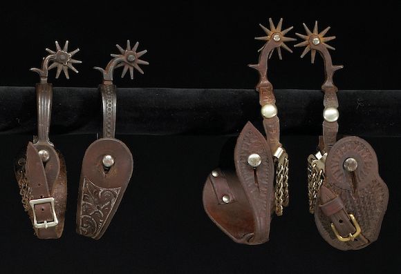 Bonhams : A lot of two pair of early California style drop shank spurs