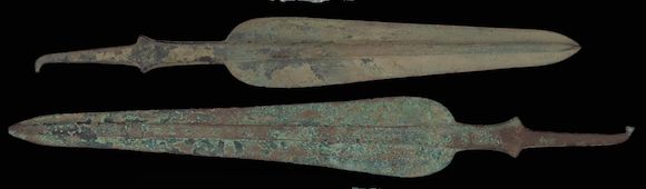 Bonhams : A lot of two large Bronze Age tanged spearheads