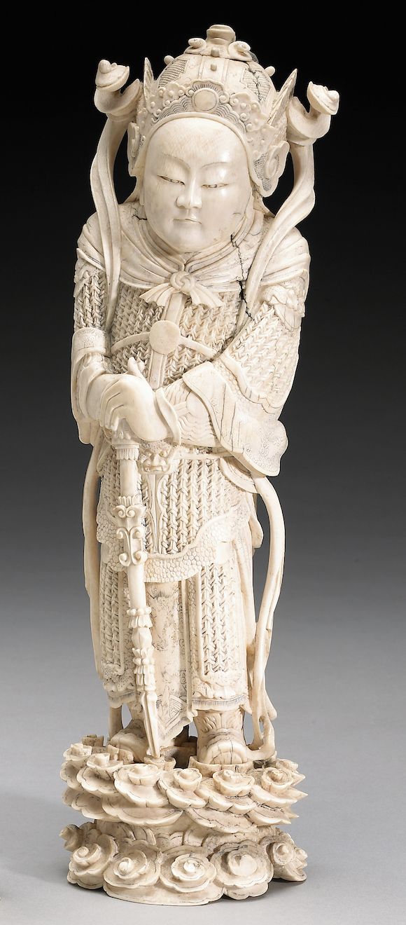 Bonhams : A tinted ivory figure of Weituo 19th Century