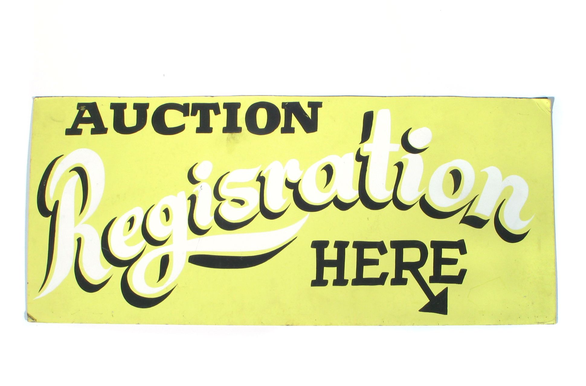 Bonhams Cars : A "Auction Regration Here" sign,