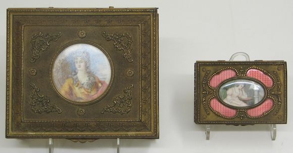Bonhams : Two French gilt bronze table boxes inset with portrait miniatures