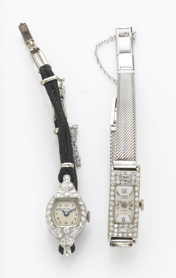 Bonhams : A Croton, Swiss lady's diamond and platinum watch on a black ...