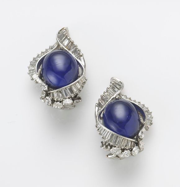 Bonhams : A pair of blue stone, diamond and 14k white gold clip-earrings