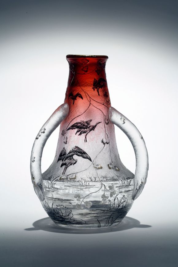 Bonhams : A Daum Nancy enameled cameo glass three-handled Heron vase