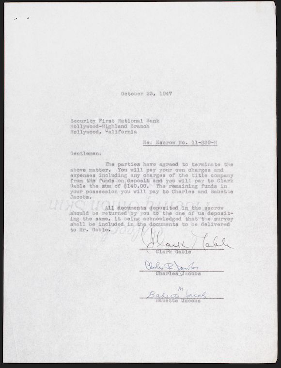 Bonhams : A Clark Gable signed document, 1947