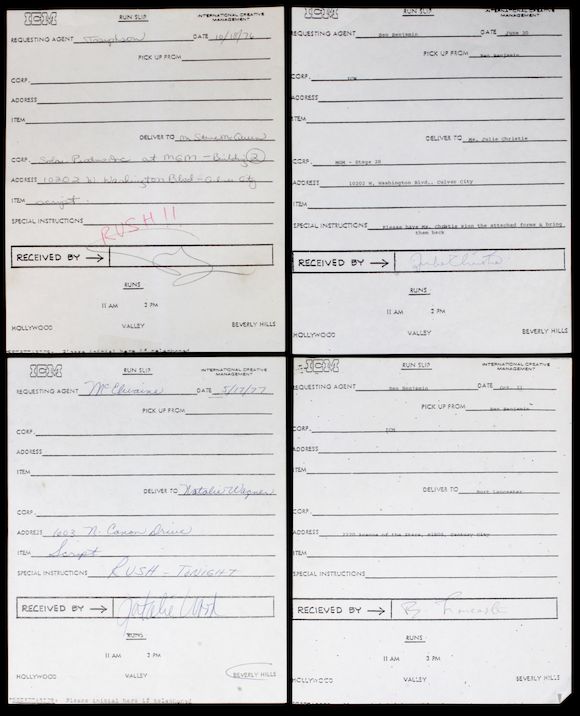 Bonhams : A collection of ICM 'run slips' signed by movie stars, 1976