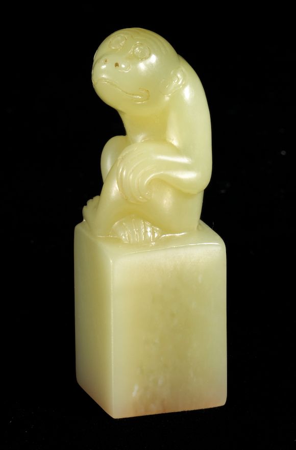 Bonhams : A rare yellow jade seal with monkey crest