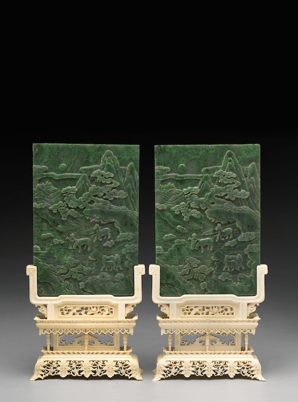 Bonhams : A pair of carved spinach jade and ivory table screens