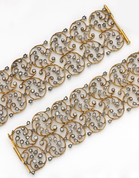 Bonhams : A pair antique style diamond, fourteen karat gold and silver ...