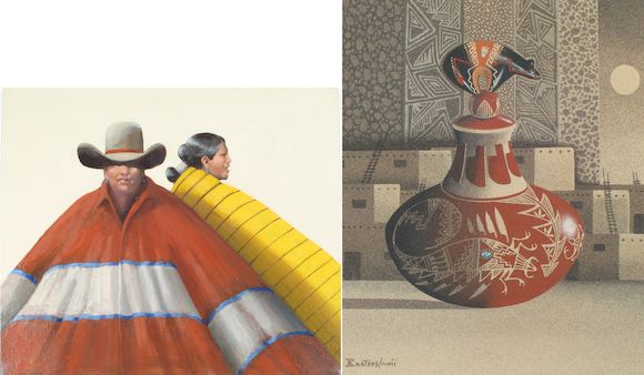 Bonhams : Manner of R.C. Gorman Two Figures; also a sand painting by ...
