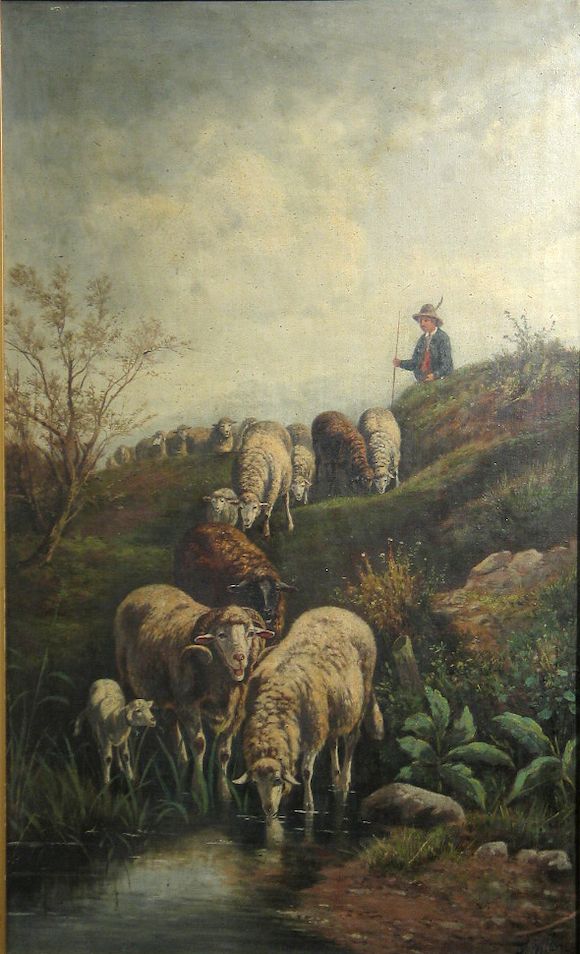 Bonhams : G. Milone (Italian) A shepherd with his flock at water's edge ...