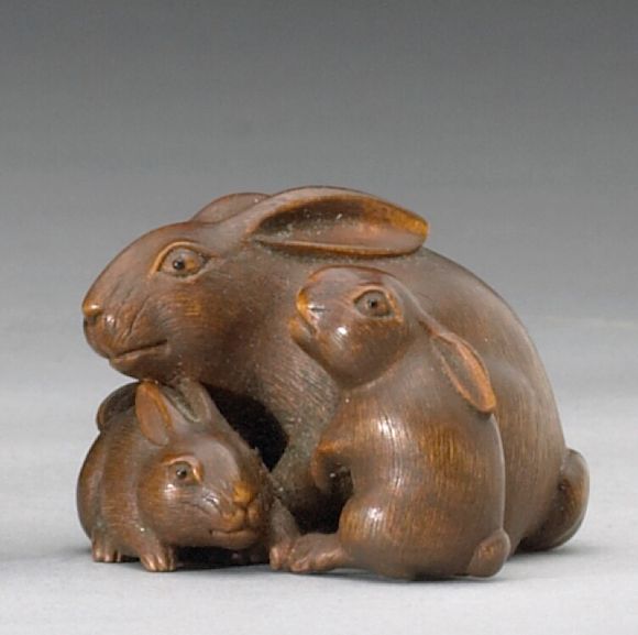 Bonhams : A wood netuske of rabbits 20th Century, by Shinzan