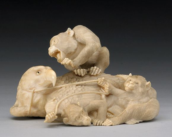 Bonhams : A carved ivory monkey group Meiji Period