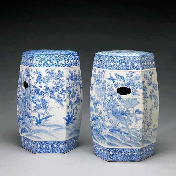 Bonhams : A pair of Seto ware blue and white garden stools Meiji Period