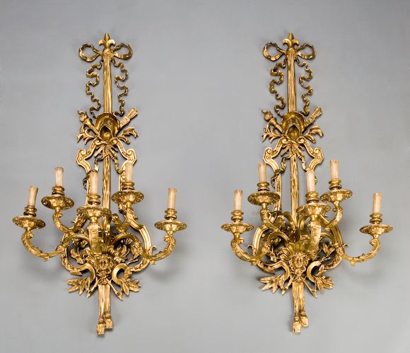 Bonhams : A pair of Louis XVI style gilt bronze five light bras de lumière