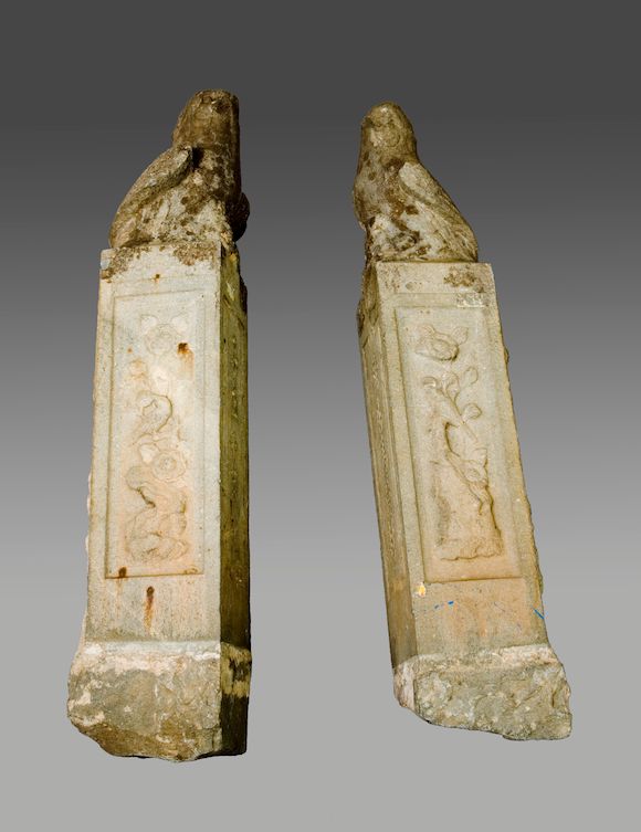 Bonhams : A pair of Chinese carved stone gate posts