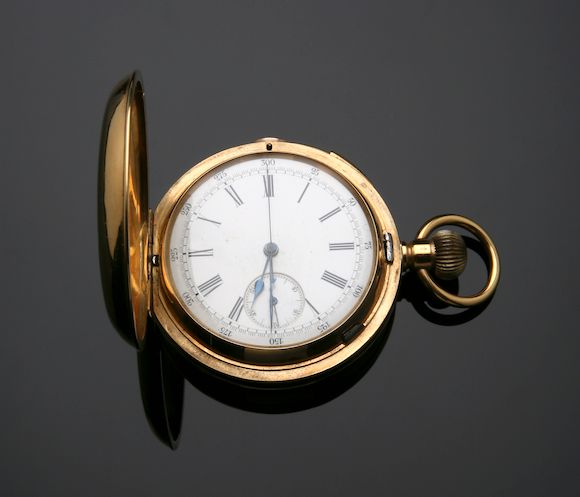 Bonhams : A hunting cased 18k gold repeating chronograph pocket watch
