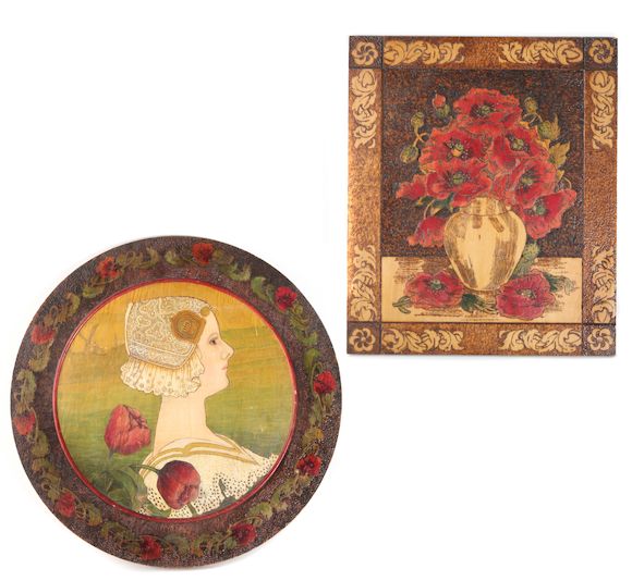 Bonhams : Two pyrography plaques with poppy decoration and a circular ...