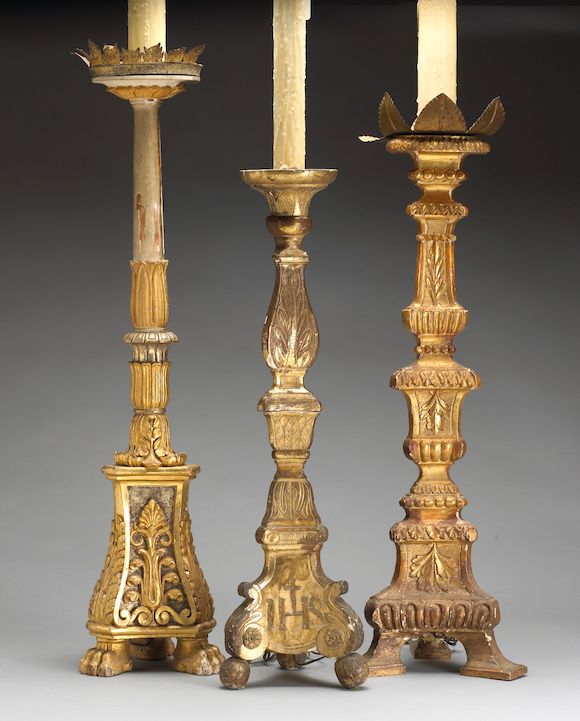 Bonhams : Two Italian Baroque parcel gilt and tôle floor torcheres and ...