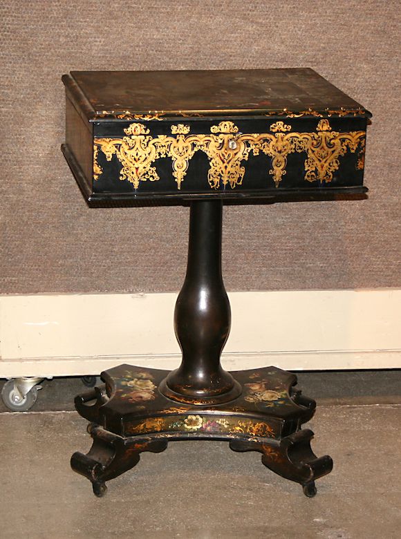 Bonhams : A Victorian shell inlaid ebonized papier mache sewing table