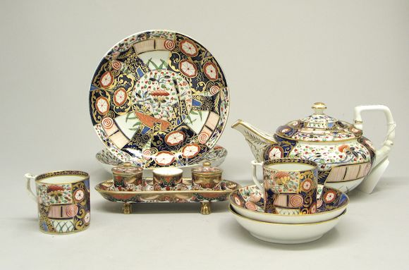 Bonhams : A Crown Derby porcelain part tea service and a Spode inkstand
