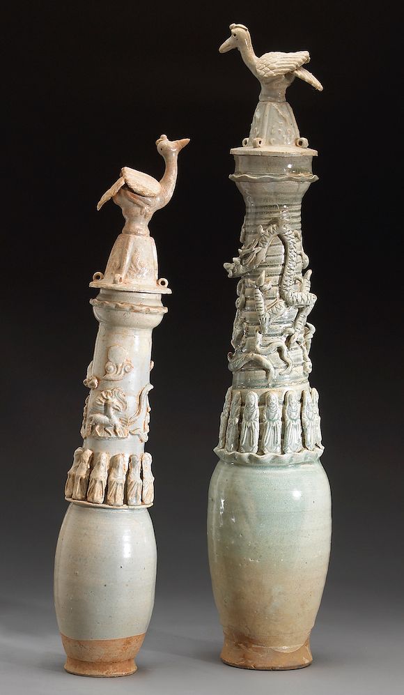 Bonhams : Two qingbai glazed pottery covered burial urns 13th/14th Century