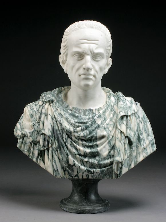 Bonhams : A carved white and veined marble bust of a Roman Emperor