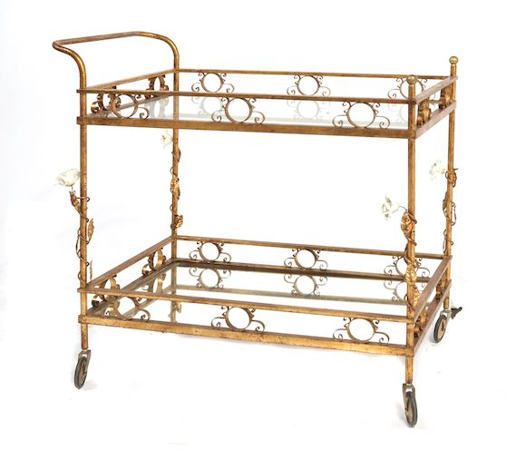 Bonhams : A gilt metal and porcelain mounted tea cart