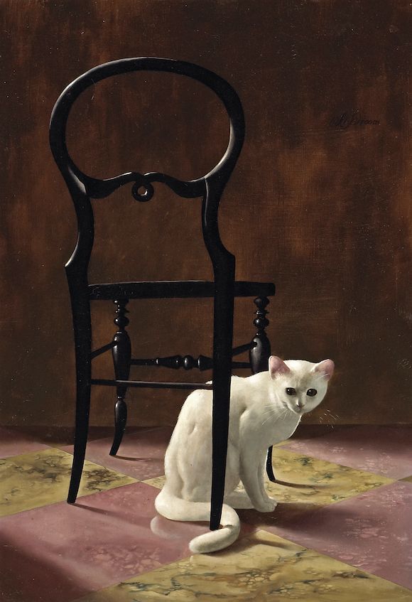 Bonhams : Al Proom (American, 1933-2006) White Cat with Chair 20 x 14in ...