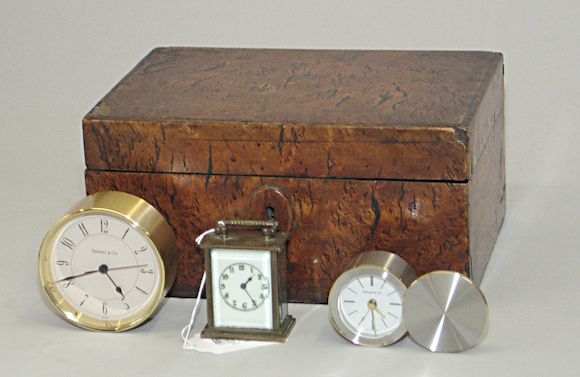 Bonhams : A Continental pollard oak box and three desk clocks