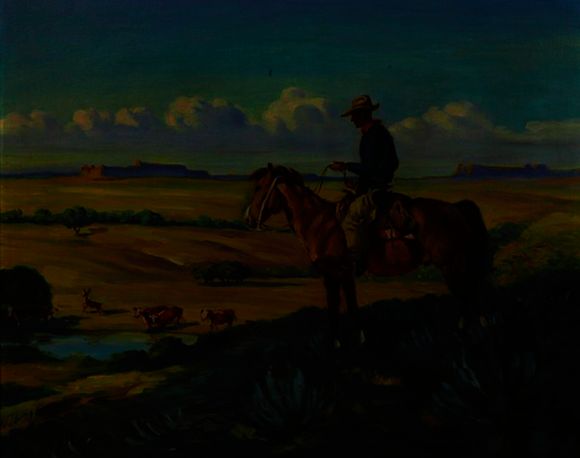 Bonhams : Ray Strang (American, 1893-1957) Cowboy over the Waterhole 20 ...