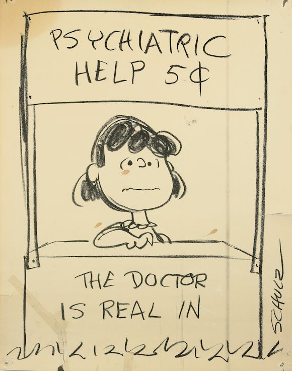 Bonhams : A large Charles Schulz drawing of Lucy as the psychiatrist