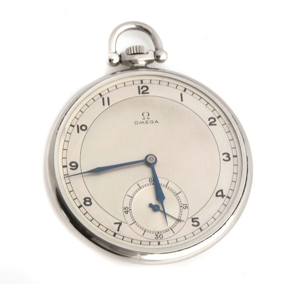 Bonhams : Omega. An unusual staybrite steel open face pocket watch 1940s