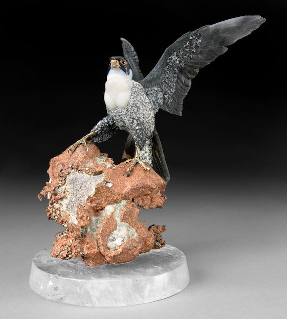 Bonhams : Carved Agate Falcon on Native Copper Base