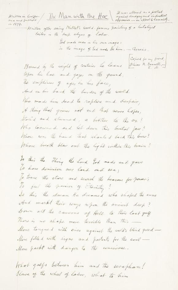 Bonhams : MARKHAM, EDWIN. 1852-1940.