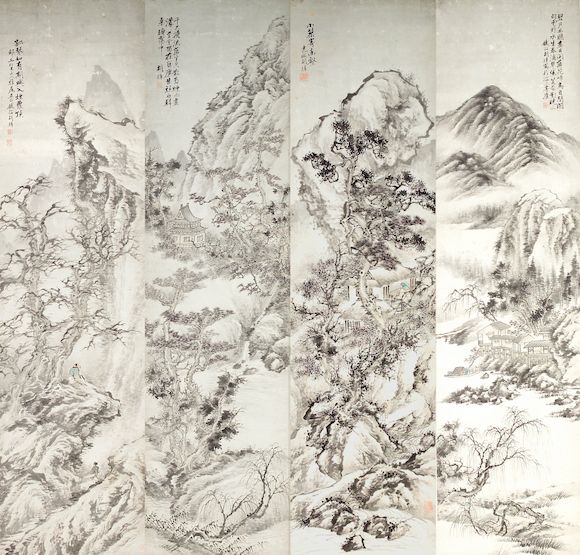 Bonhams : Hu Zhang (1848-1899) Landscapes of Four Seasons