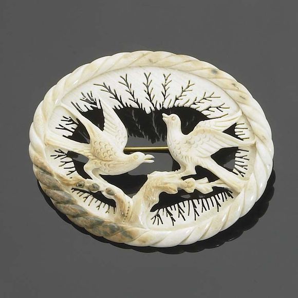 Bonhams : Fossil Woolly Mammoth Ivory Carved Brooch